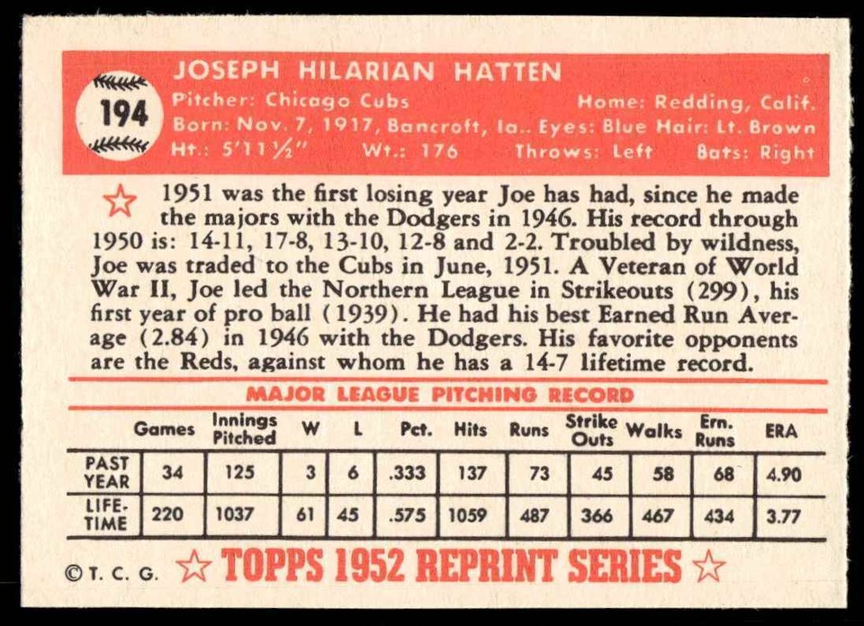 1983 Topps 1952 Reprint Series Joe Hatten Chicago Cubs #194 | eBay