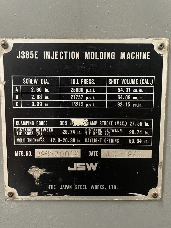 JSW 385 TON Plastic Injection Molding Machine Model J385E-D - Machine#6 ...