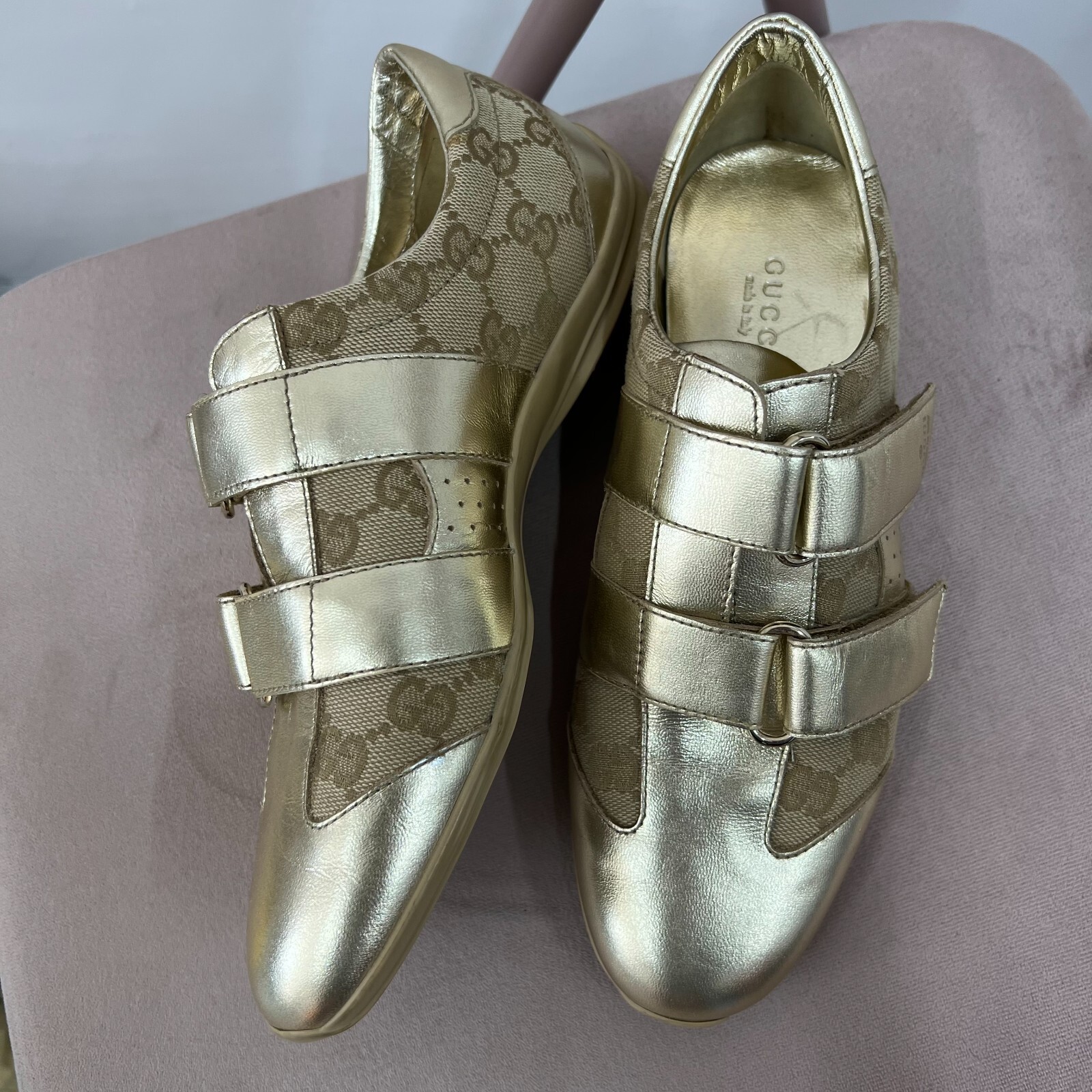 Gucci Guccissima Canvas Leather Gold Sneakers Trainer… - Gem