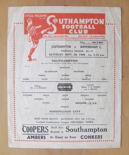 SOUTHAMPTON v BIRMINGHAM CITY 1946/1947 *Good Condition Football ...