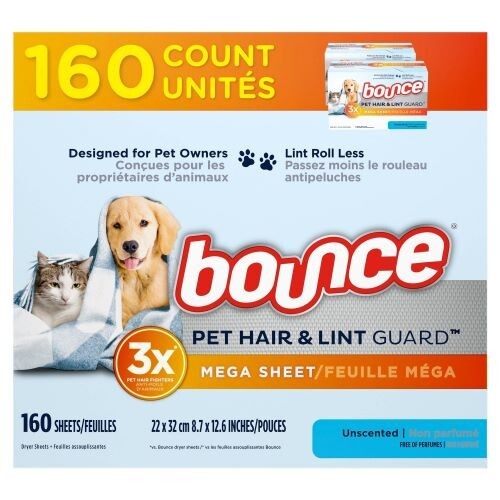 Bounce 160 Count Dryer Sheets 3x Pet Hair Fighters Unscented Lint Guard ...
