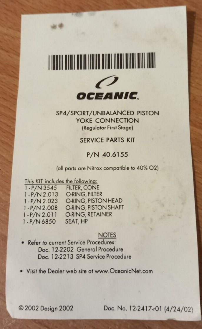 Oceanic Service Kit - SP4 / Sport / Unbalanced Piston - Yoke - 40.6155 ...