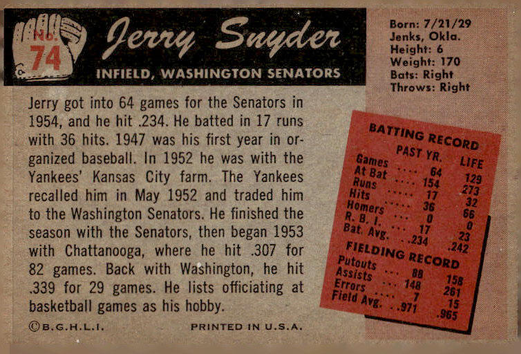 1955 Bowman #74 Jerry Snyder | eBay