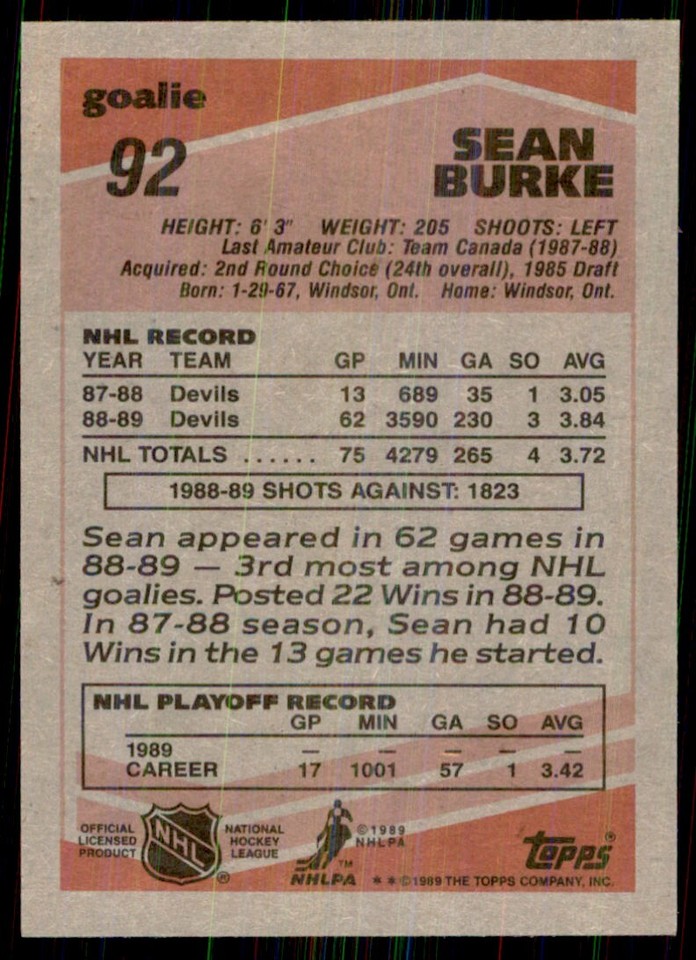 1989-90 TOPPS SEAN BURKE NEW JERSEY DEVILS #92 | eBay