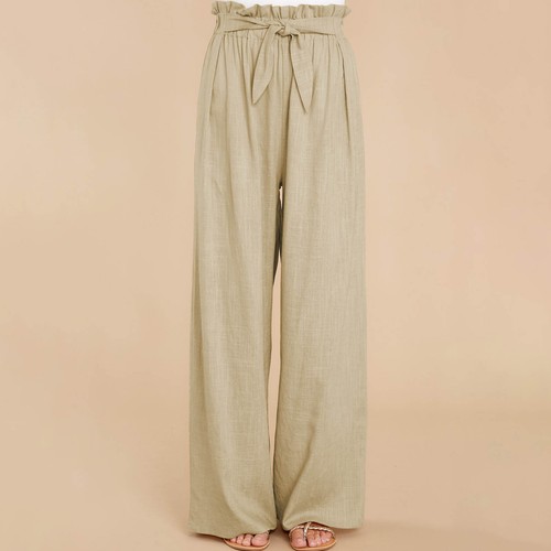 (Khaki Color) Long Lounge Pants Wide Leg Pure Color Stylish Belted Long ...
