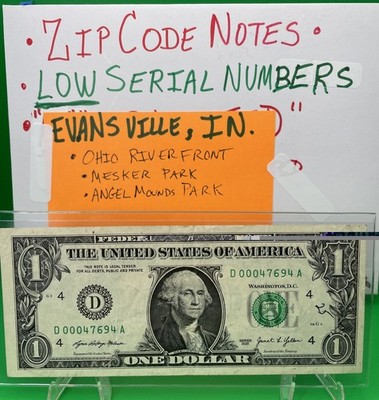 ZIP🤐Code Note Evansville, Indiana LOW SERIAL FANCY Serial Number “AU ...