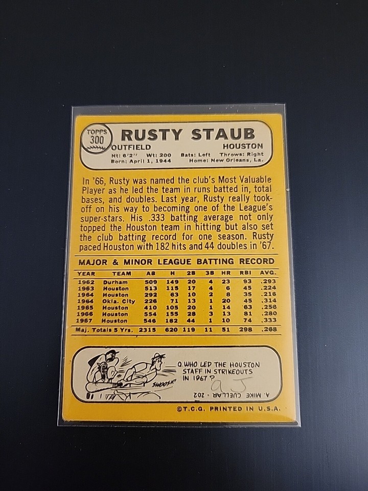 RUSTY STAUB 1968 TOPPS HOUSTON ASTROS / NY METS LEGEND #300 BASEBALL ...