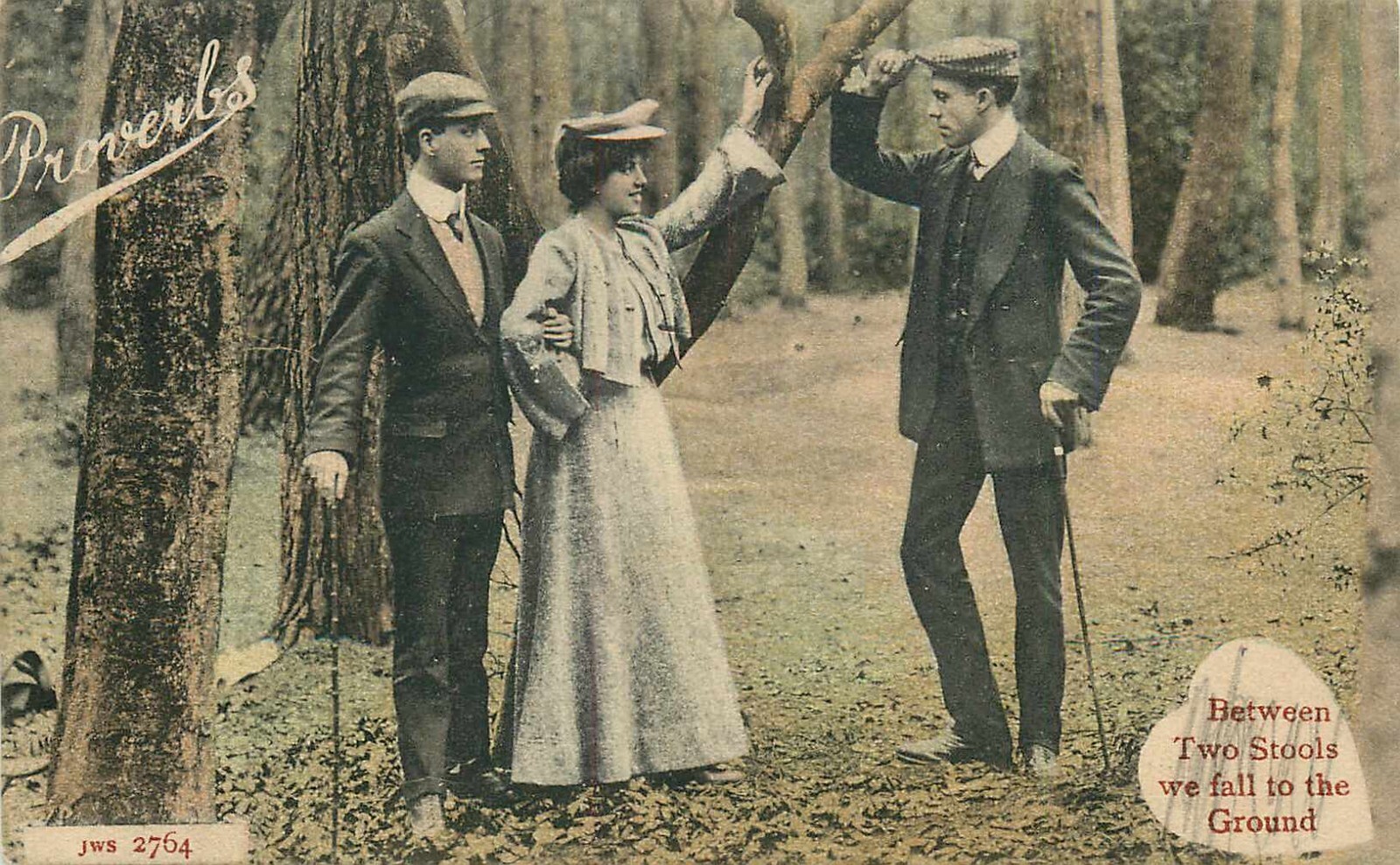 Postcard Romance Proverbs Between Two Stools Woman Flirts with Two Men ...