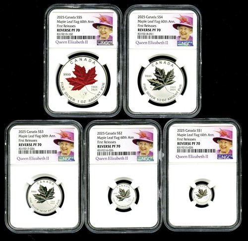2025 QUEEN ELIZABETH SILVER 60TH MAPLE LEAF FLAG NGC PF70 5-COIN REV ...