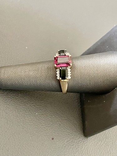 14KT YG 1.75CT Rhodolite Garnet, Dark Green Tourmaline, & Diamond Ring ...