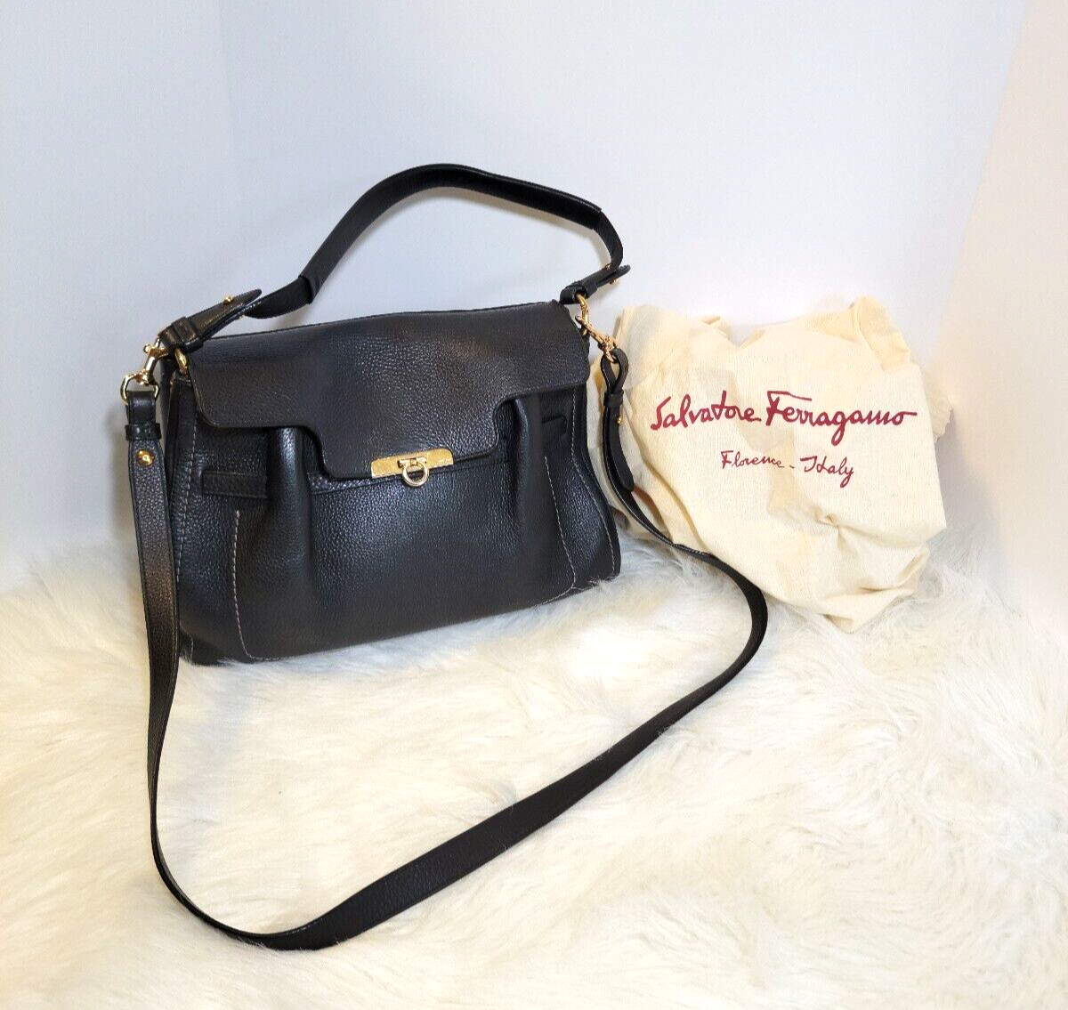 Ferragamo Fara Satchel Large Black Leather Cross Body Handle Hand Bag ...