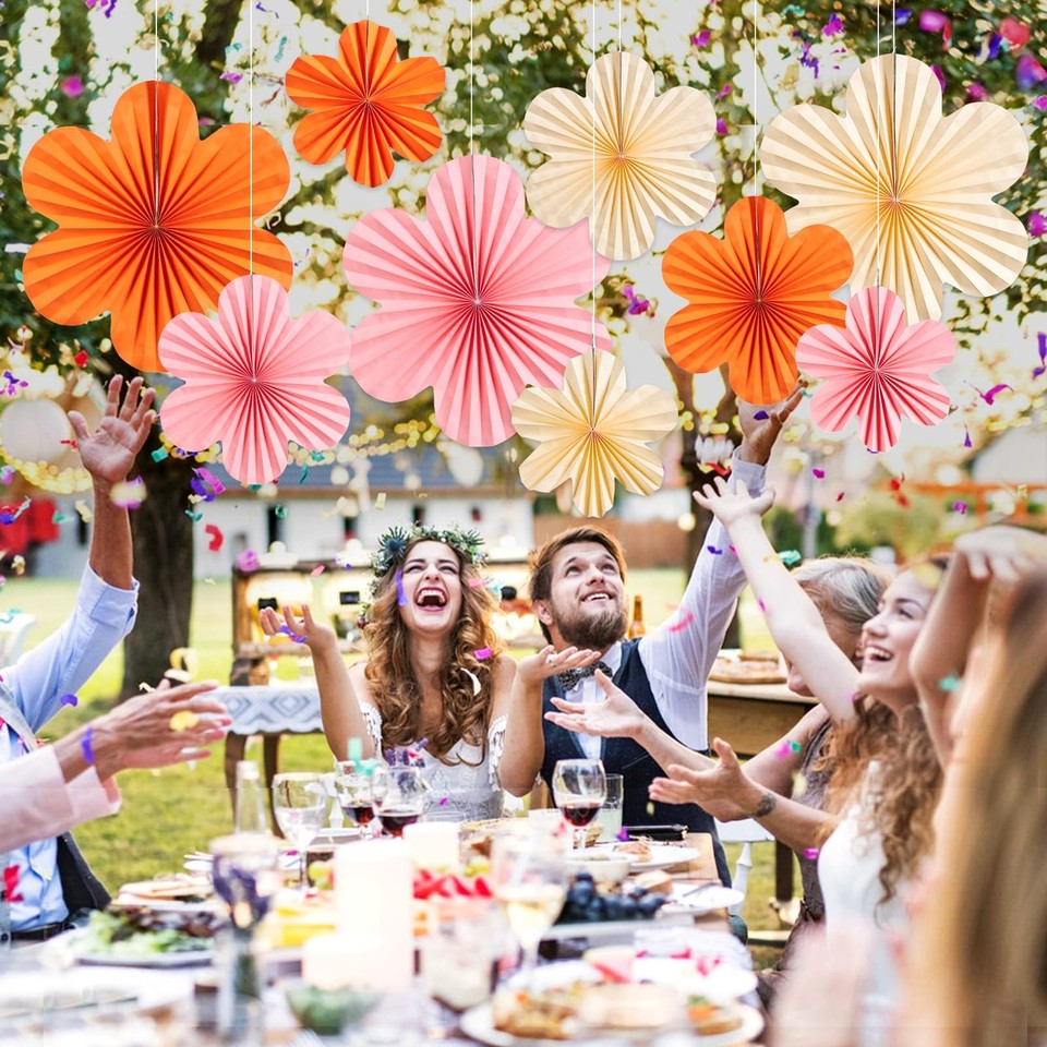 Paper Flowers & Fans Wall Decor Orange Flower Party Decorations | eBay