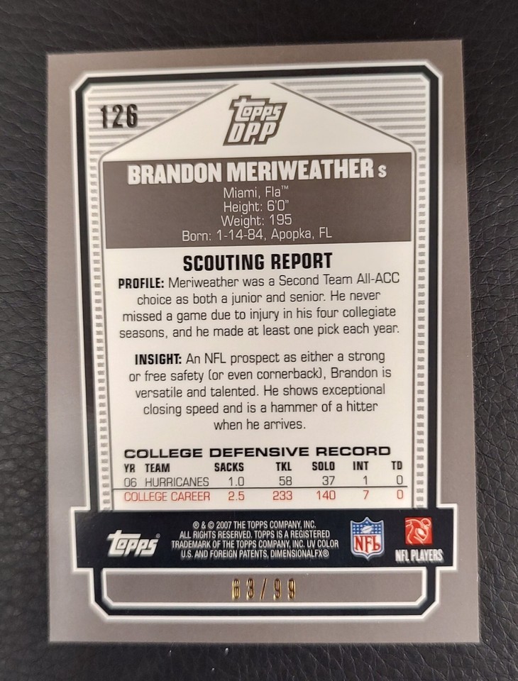 2007 TOPPS DPP BRANDON MERRIWEATHER ROOKIE #126 GOLD CHROME #63/99 | eBay
