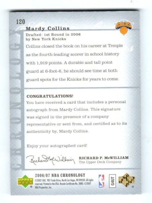 2006-07 Upper Deck Letterman Patch Mardy Collins Rookie Autograph 30/99 ...