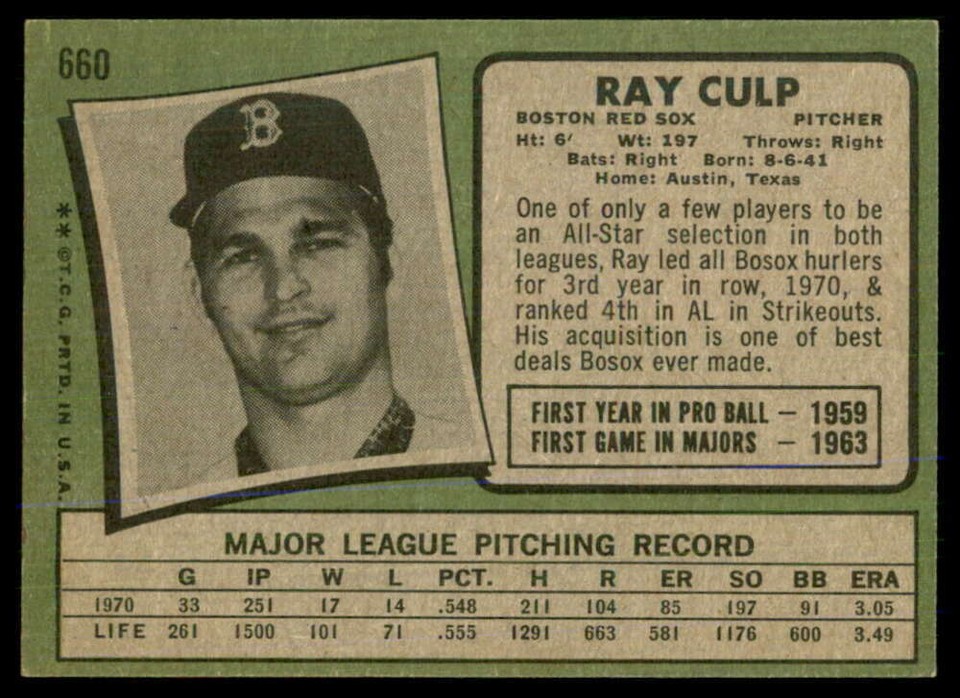 1971 TOPPS RAY CULP BOSTON RED SOX #660 EX-MT X4436 | eBay