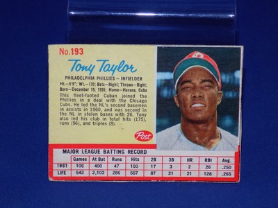 1962 Post #193 Tony Taylor Philadelphia Phillies ) Hand Cut - Nice card ...