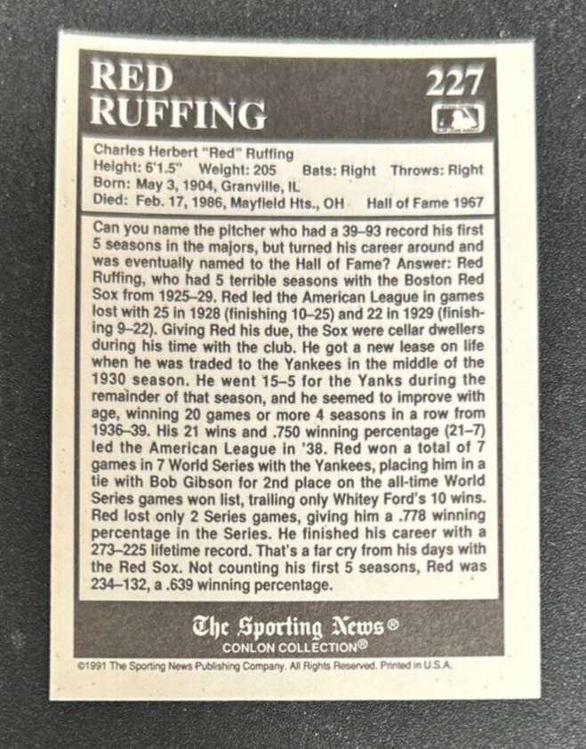 1992 The Sporting News Conlon Collection Red Ruffing Card #227 Yankees ...