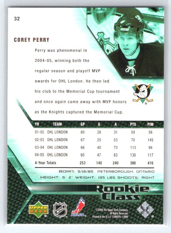 2005 Upper Deck Rookie Class Corey Perry #32 Anaheim Mighty Ducks | eBay