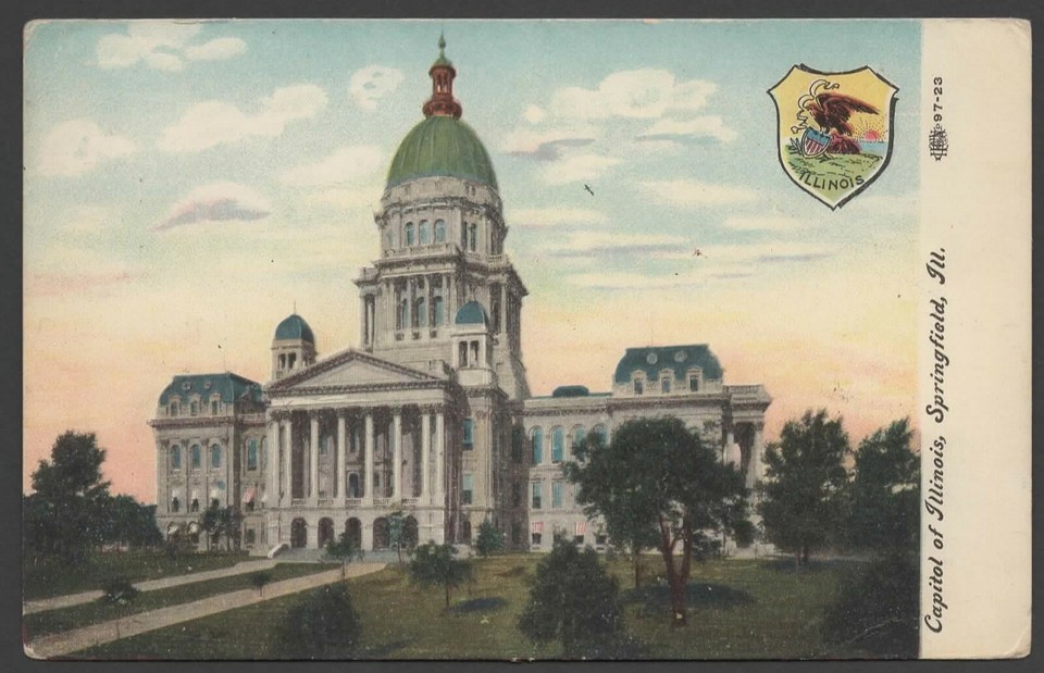 May 26, 1908 Springfield IL capitol bldg postcard Cutler, IL to Turkey ...