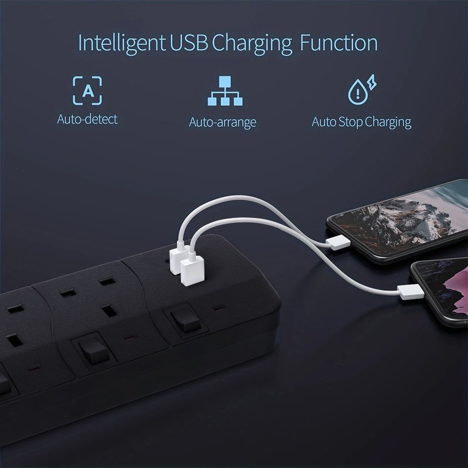 5m Surge Protected Extension Lead With 3USB 3Gang Way Power Cable UK ...