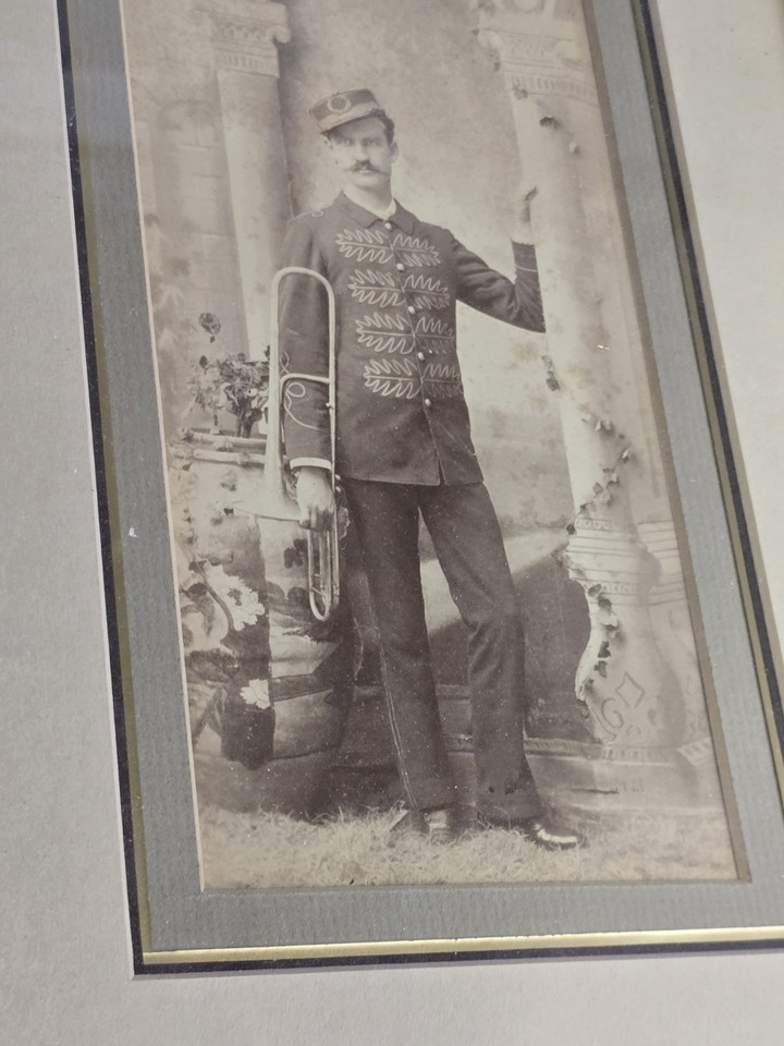 Antique Cabinet Photo Trombone Player Band Uniform Studio Portrait ...
