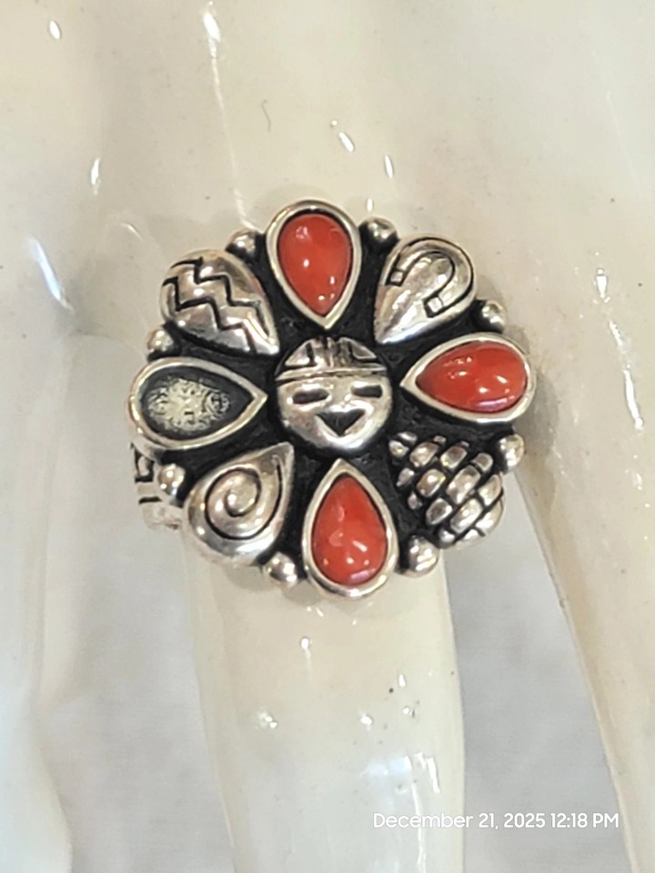 Heavy Sterling, Carol Felley Red Coral Sun Face Ring Sz:6 AS IS | eBay