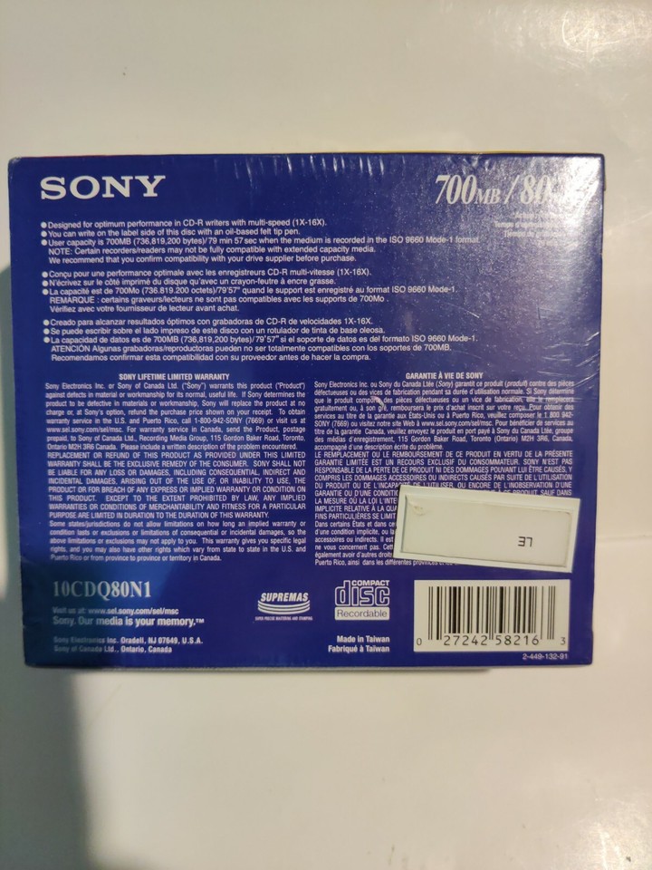 Sony CD-R Disks 10 Pack Jewel Cases 700mb/80 min Disc Recordable 10CD ...