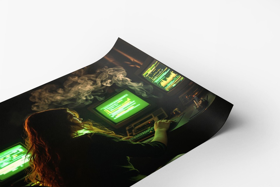 Dark Smoky Hacker’s Den Woman Monitoring Data 80s Vintage Tech Poster ...