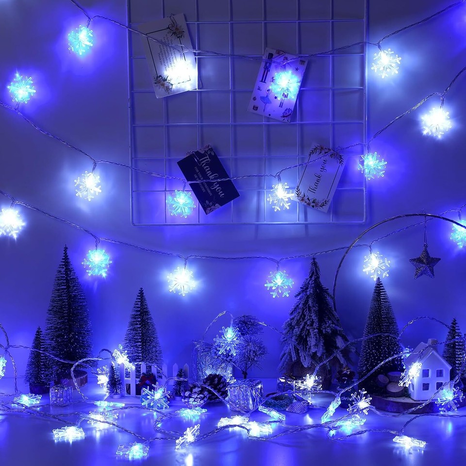50 Ft 100 LED Christmas Snowflake String Lights, Blue and White ...