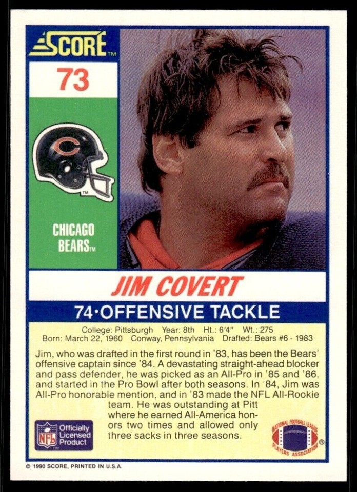 1990 SCORE NFL FOOTBALL Card #73 - JIM COVERT, Chicago Bears - HALL OF ...