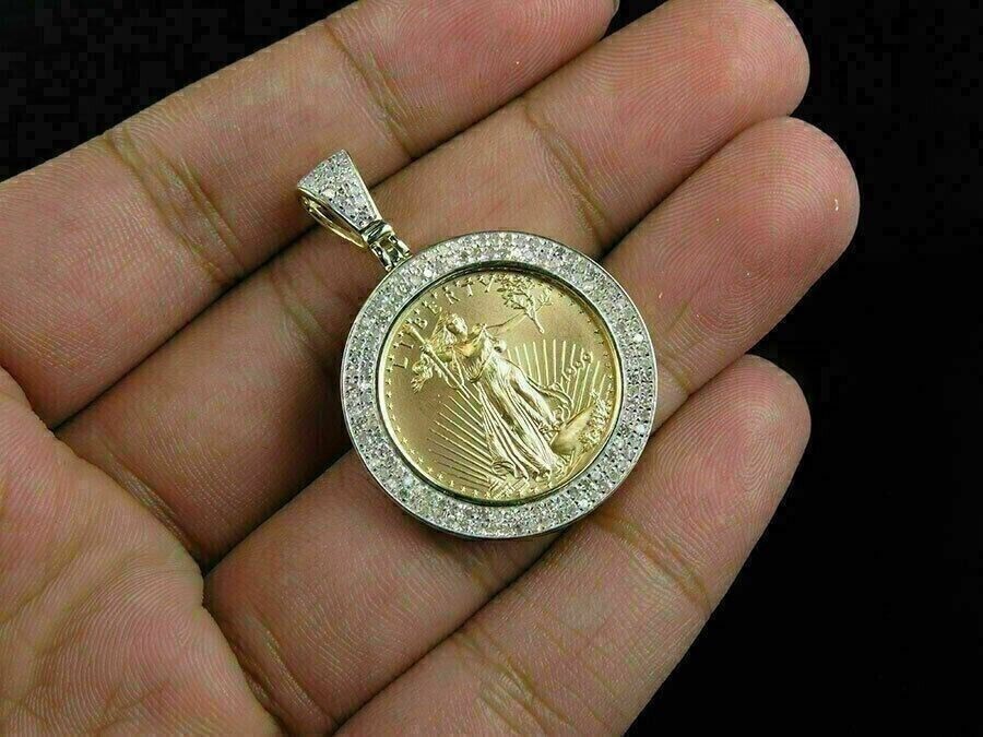 1Ct Lab Created Diamond Round Lady Liberty Coin Pendant 14K Yellow Gold ...