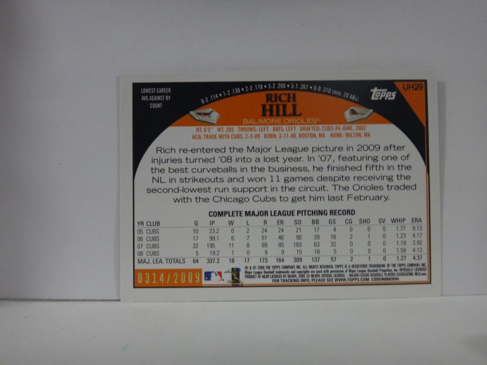 2009 Topps Update Gold Border Orioles Baseball Card #UH29 Rich Hill ...