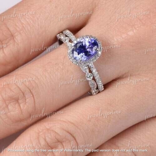 2.50Ct Oval Lab Created Tanzanite Bridal Wedding Ring Set 14K White ...