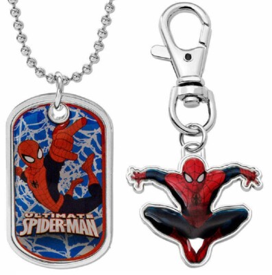Spider-Man Key Chain and Dog Tag Necklace- Marvel comics Tin Box Gift ...