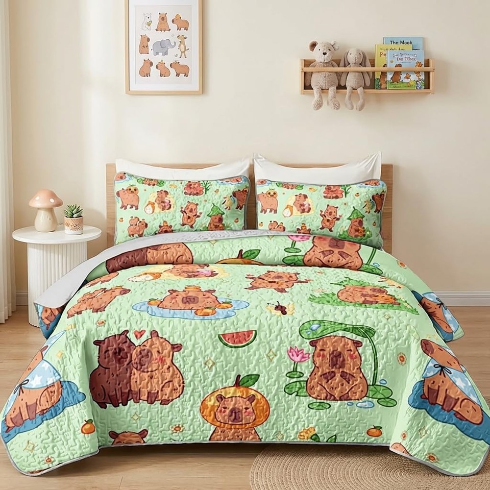 Kawaii Capybara Quilt Set Full Size - Cute Cartoon Animals Bedspread ...