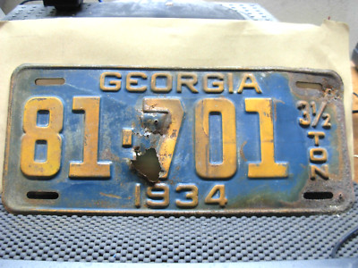 LICENSE PLATE GEORGIA 1934 81-701 3 1/2 TON RUSTIC ART CRAFTS DECOR | eBay