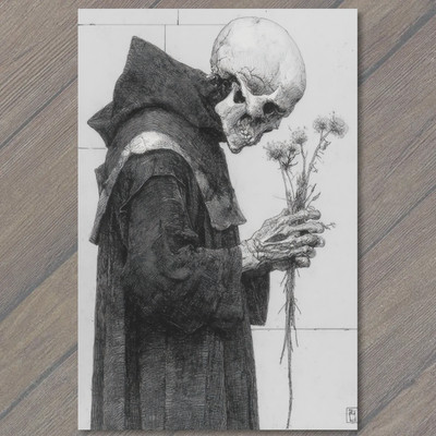 Art Print Skeleton Monk Holding Flowers Gothic Linework Dark Fantasy ...