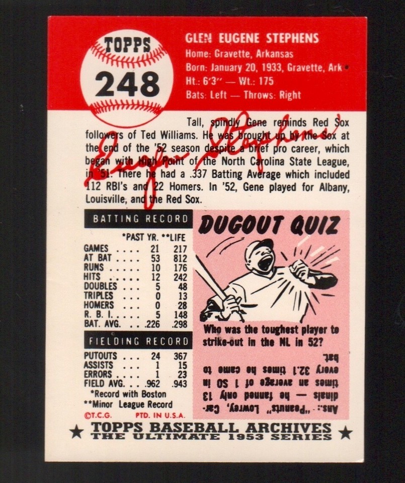 1991 Topps Archives Gene Stephens 1953 Topps Signed Autograph #248 Card ...