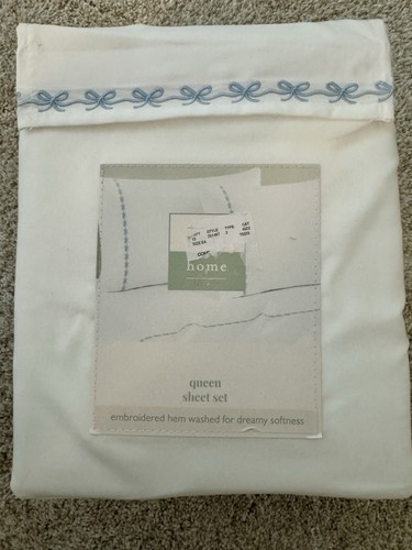 Queen Sheet Set with Blue Embroidered Bow Detail - NEW | eBay