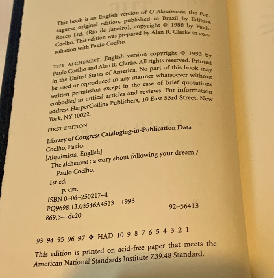 TRUE "1ST PRINTING" THE ALCHEMIST by Paulo Coelho (1993) HARDCOVER | eBay