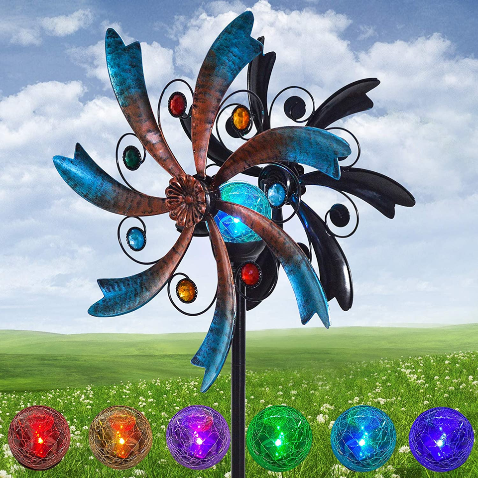 Solar Wind Spinner Blue Color Changing LED Solar Glass Ball Outdoor ...