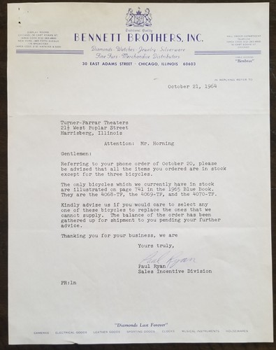 BENNETT BROTHERS INC CHICAGO 1964 Typed Letter Written Correspondence ...