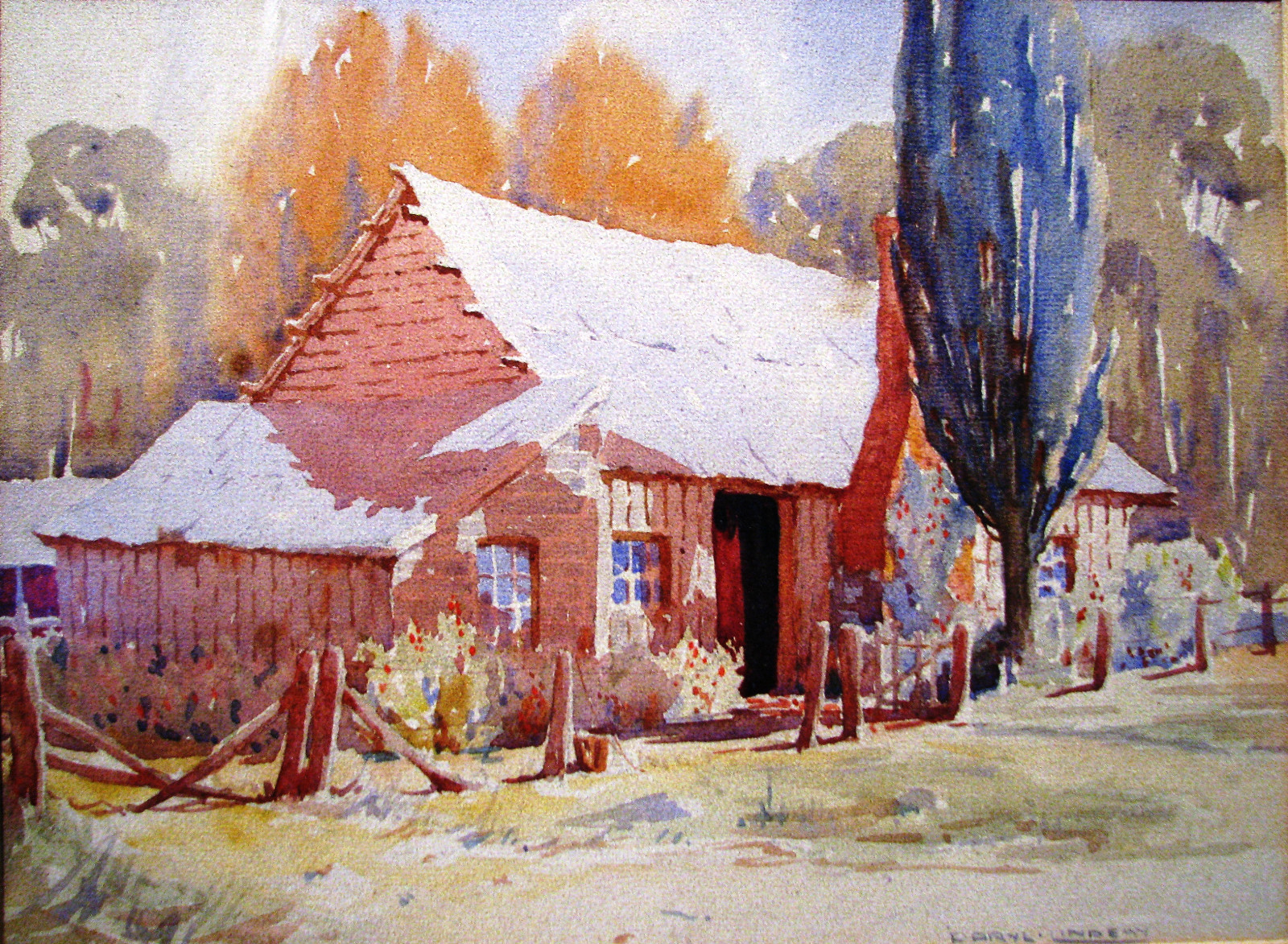 Daryl E Lindsay rare original watercolour titled 'Hut and Poplar ...