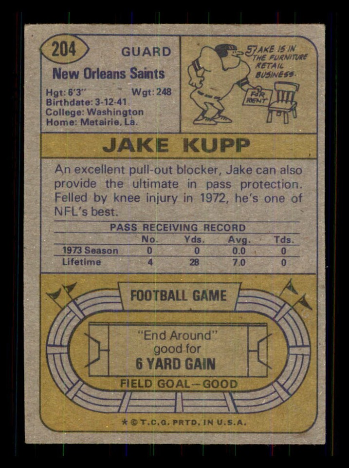 1974 Football Topps Jake Kupp New Orleans Saints #204 | eBay