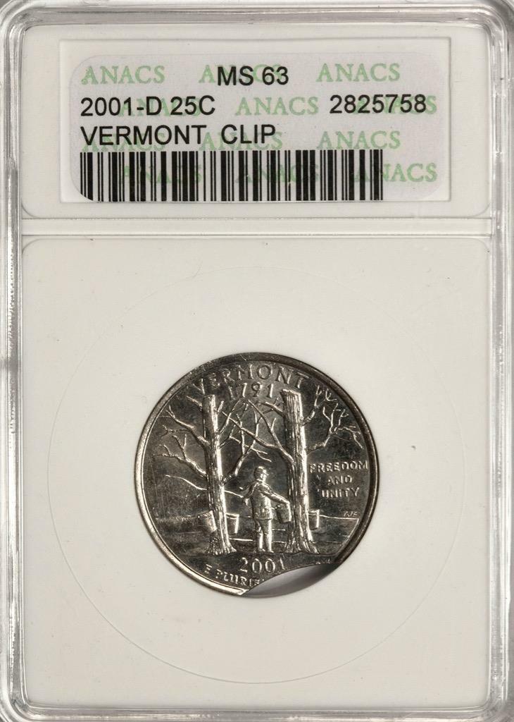 2001 D ANACS MS63 Clip Vermont Quarter Mint Error Rare Error Type For ...