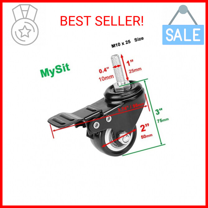 MySit 2" Casters with Brake Lock (Threaded Stem Bolt M10x25), Heavy ...