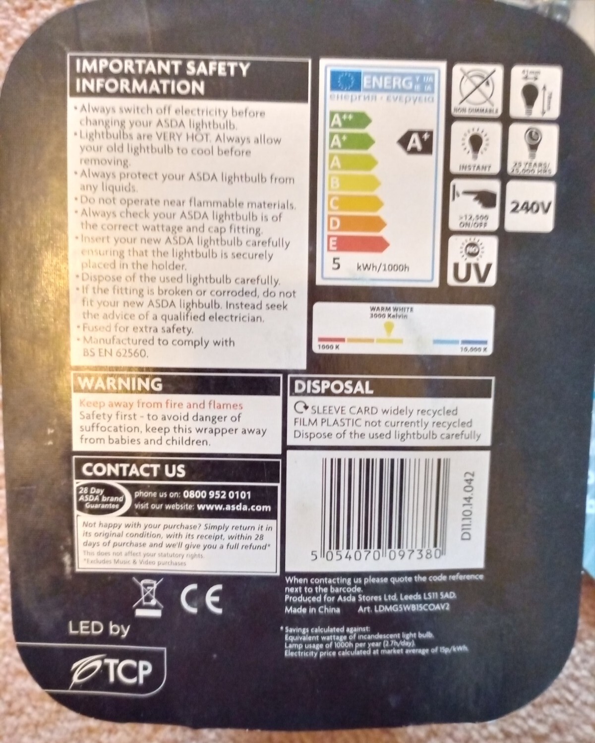 2x Asda LED Round Light Bulb - Small Bayonet Cap 3.5w 25 W 250 Lumens ...