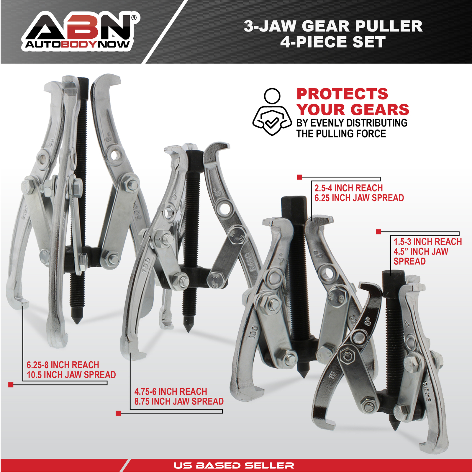 ABN 3-Jaw Gear Puller 4-Piece Set – Removal Tool Kit for Gears Pulley ...