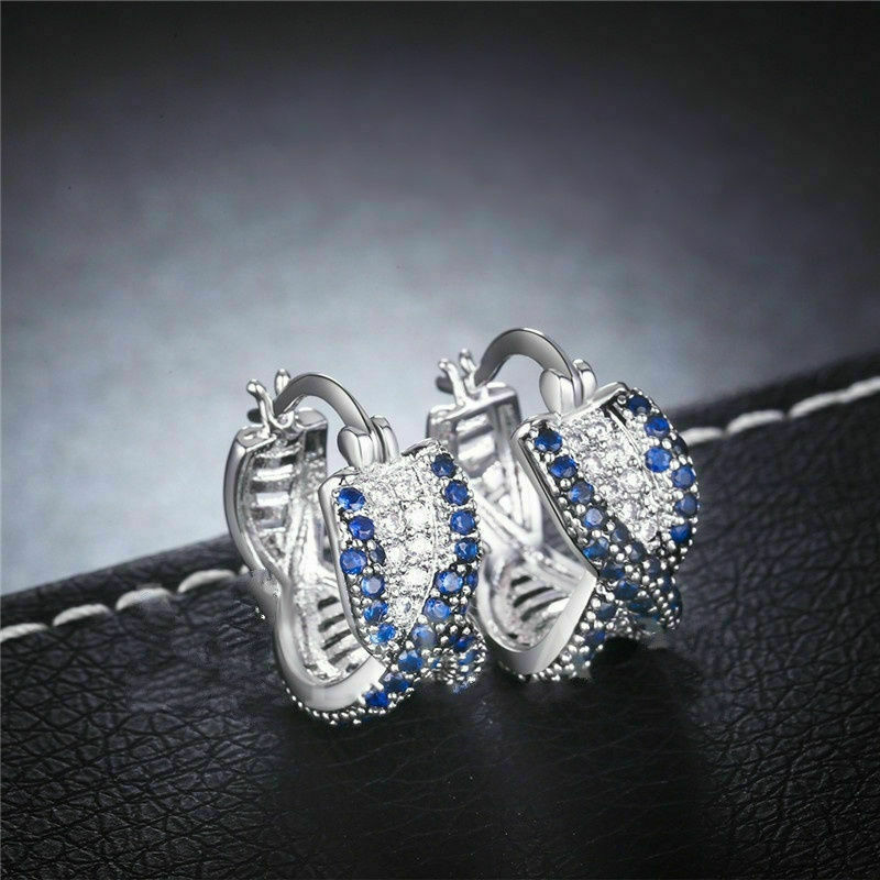 Women's Blue Sapphire & CZ 0.90CT Silver Cross Hoop Earrings 14k White ...