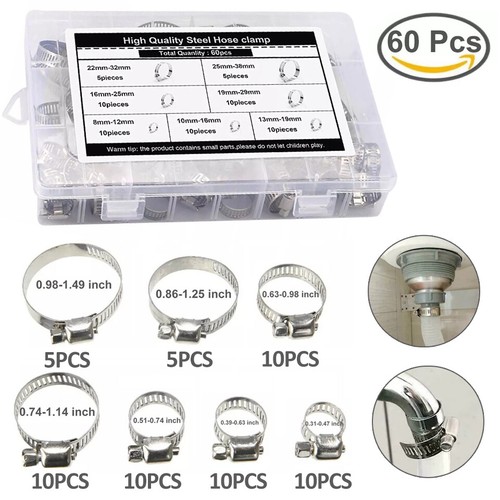 60pcs Adjustable Hose Clamps Worm Gear Stainless Steel Clamp Assortment ...